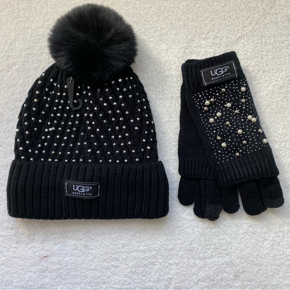 UGG | Accessories | Ugg Black Rhinestone Hat Hand Warmerglove Set ...